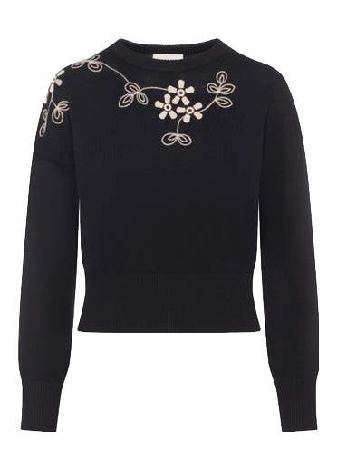 VERSATILE Embroidered Floral Front Knit Sweater - Black
