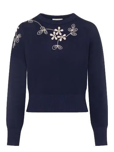 VERSATILE Embroidered Floral Front Knit Sweater - Navy