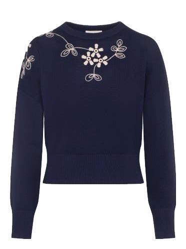 VERSATILE Embroidered Floral Front Knit Sweater - Navy
