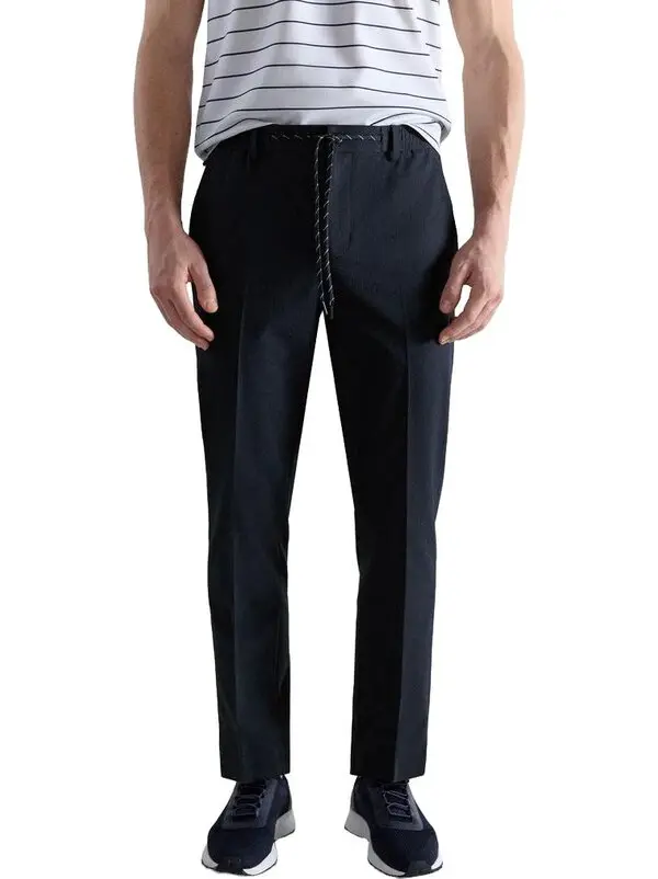 Mango Slim Fit Stretch Twill Pants With Drawstring Waist - Navy