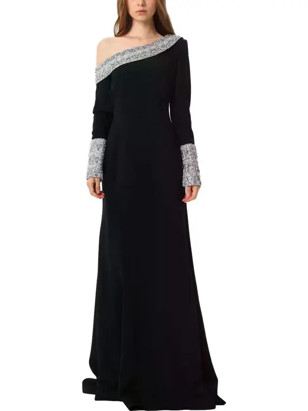 DINA MELWANI Crystal Embellished Off-shoulder Maxi Dress - Black
