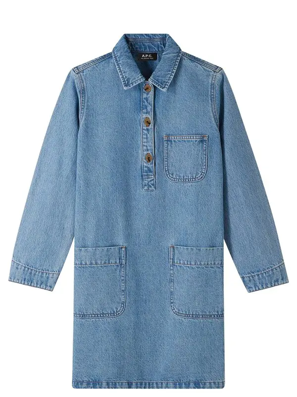 A.p.c. Flared Mid-thigh Denim Dress With Shirt Collar And Pockets - Indigo