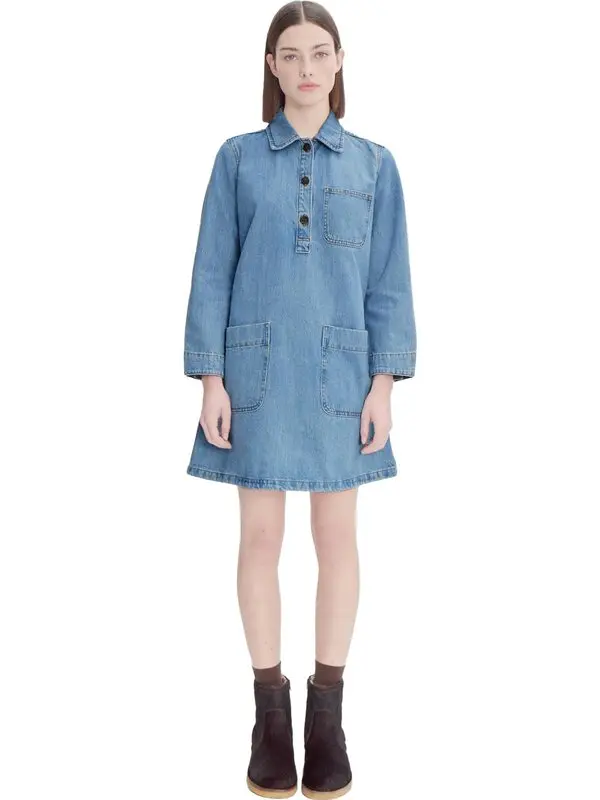 A.p.c. Flared Mid-thigh Denim Dress With Shirt Collar And Pockets - Indigo