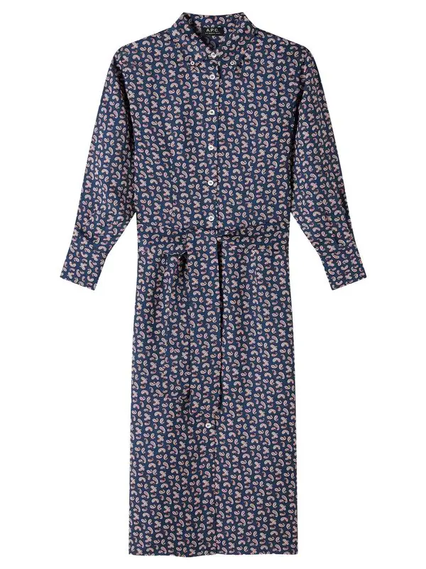 A.p.c. Vanessa Dress Printed Maxi Shirt Dress With Belt - Blue