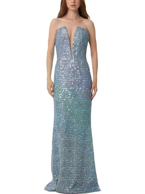 DINA MELWANI Crystal Embellished Mesh Maxi Dress - Blue