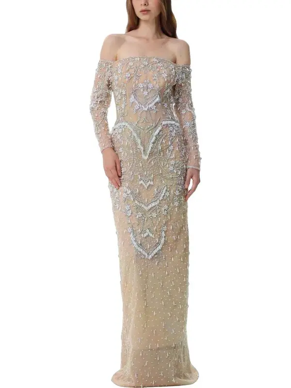 DINA MELWANI Crystal-embellished Off-shoulder Maxi Dress - Neutrals