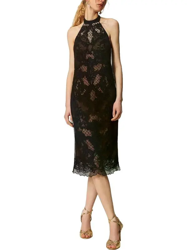 TWINSET Long Embroidered Mesh Dress - Black