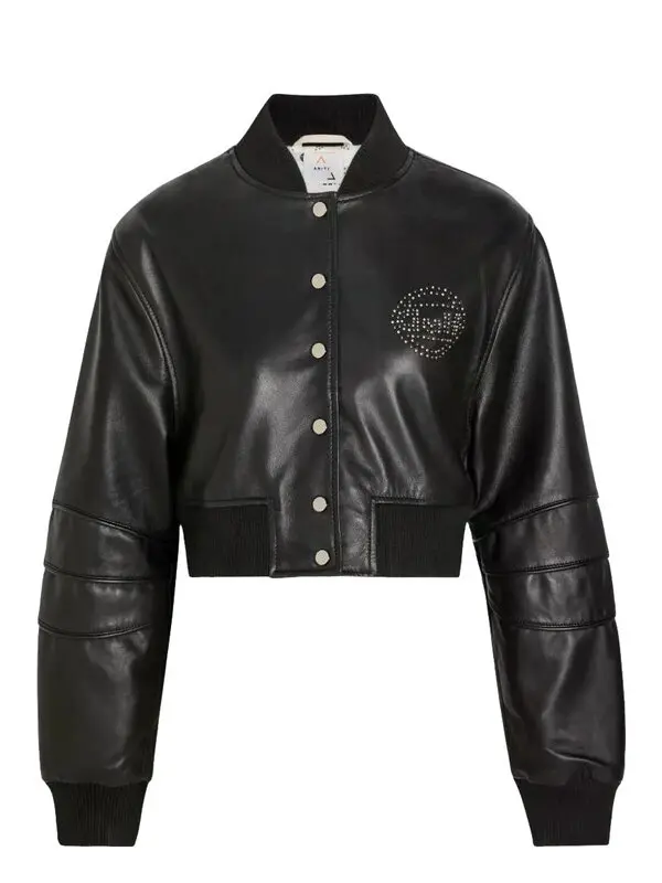AN-Y1 Crystal Embellished Leather Bomber Jacket - Black