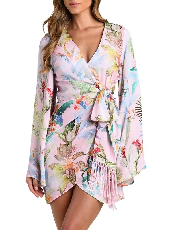 L'Agence Colorful Palms Long Sleeve Cover-up Dress - Pink Multi