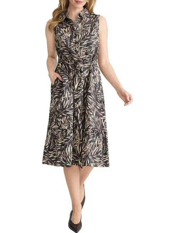 Jones New York Sleeveless Tie-waist Midi Shirtdress - Fudge Multi