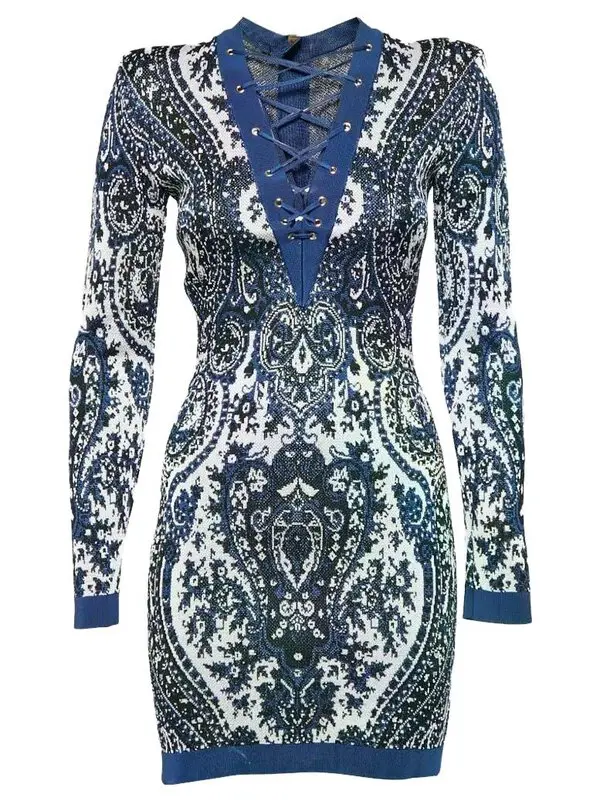 Balmain Paisley-print Lace-up Mini Dress - Blue