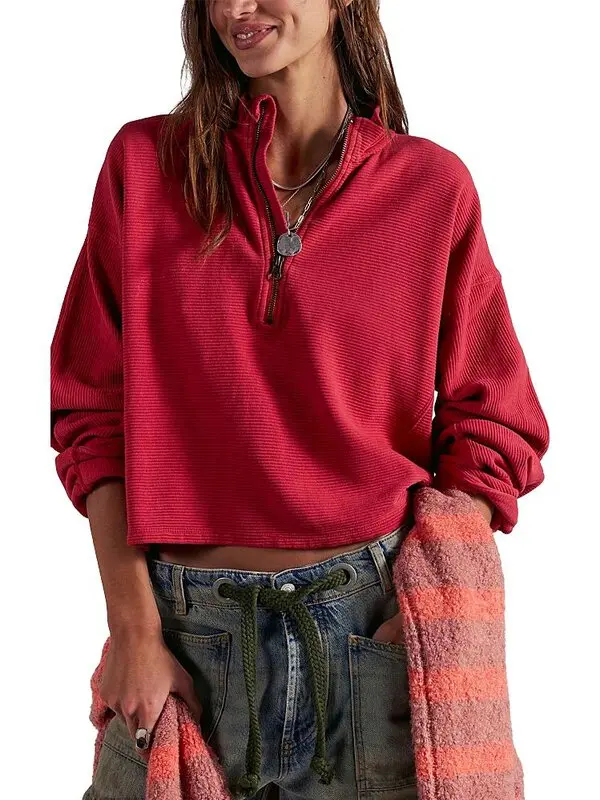 Free People Celeste Quarter Zip Sweatshirt - Salsa