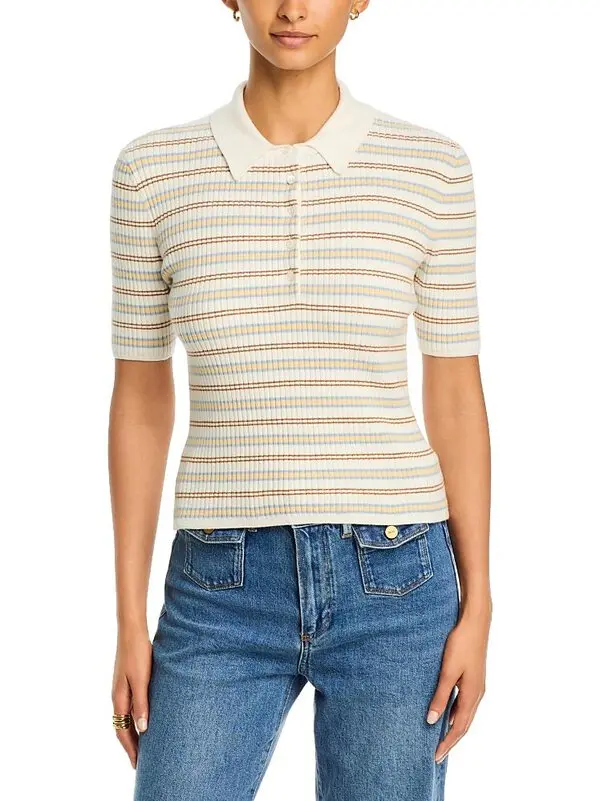 Paige Summit Ribbed Polo Top - White Multi