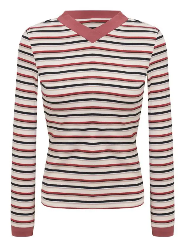POSITIVE Striped Overlap V-neck Contrast Cuff Top - Russet
