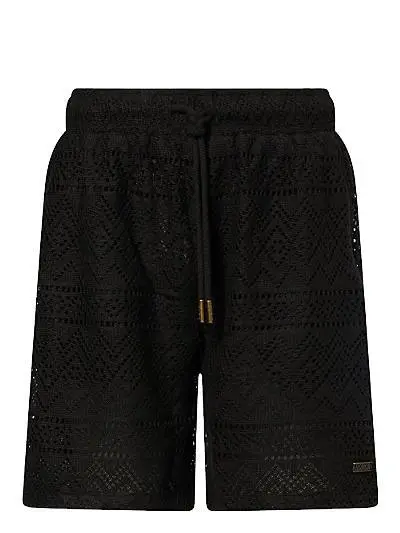 HONOR THE GIFT Drawstring Waistband Pointelle Crochet Knit Shorts - Black