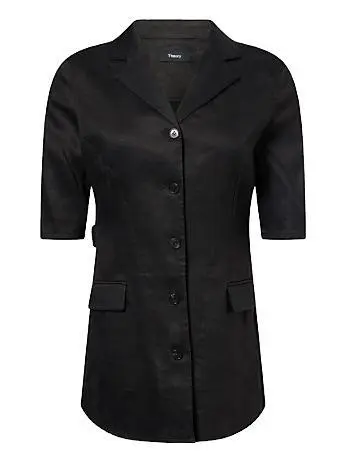 Theory Short-sleeve Belted Linen-blend Blazer - Black