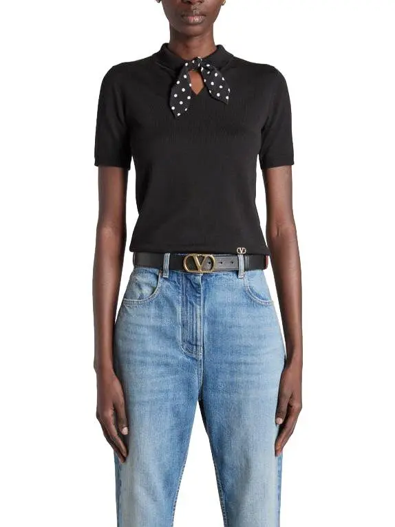 Valentino Garavani Short Sleeve Wool Blend Sweater With Polka Dot Silk Pussybow - Black
