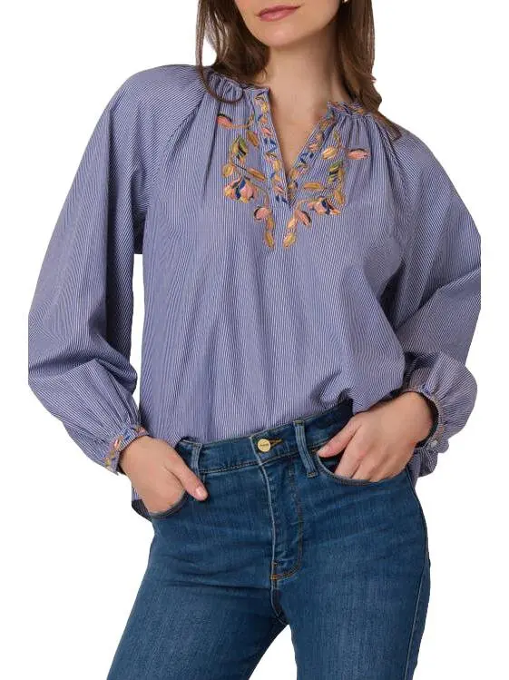 Shoshanna Embroidered Pinstripe Top - Lapis Multi