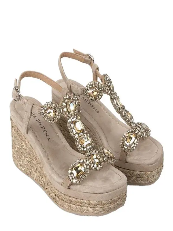 ALMA EN PENA Embellished Wedge Sandals With Rhinestone Straps - Brown