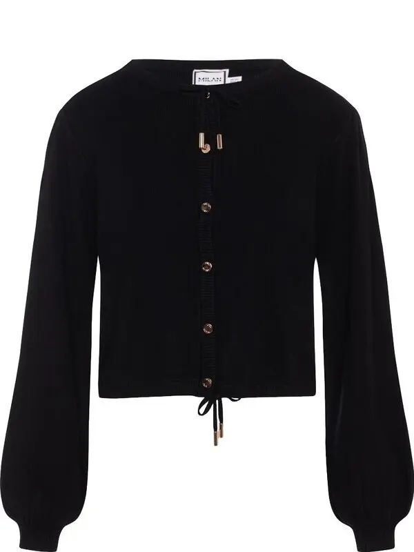 MILAN ITALY Cropped Knit Button Front Drawstring Cardigan - Black