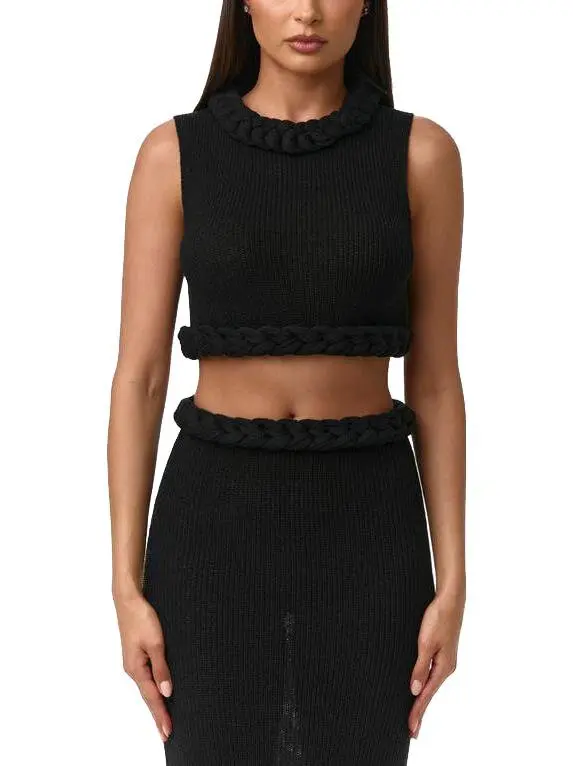 Naked Wardrobe Rib Knit Braid Trim Crop Top - Black
