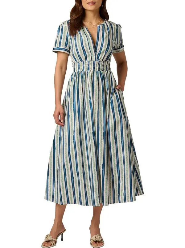 Adrianna Papell Striped Smocked Waist Midi Dress - Ecru/navy