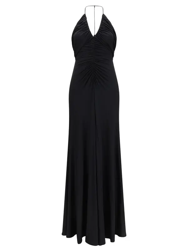SELF-PORTRAIT Jersey Long Dress With Gathered Halterneck And Spaghetti Straps - Black