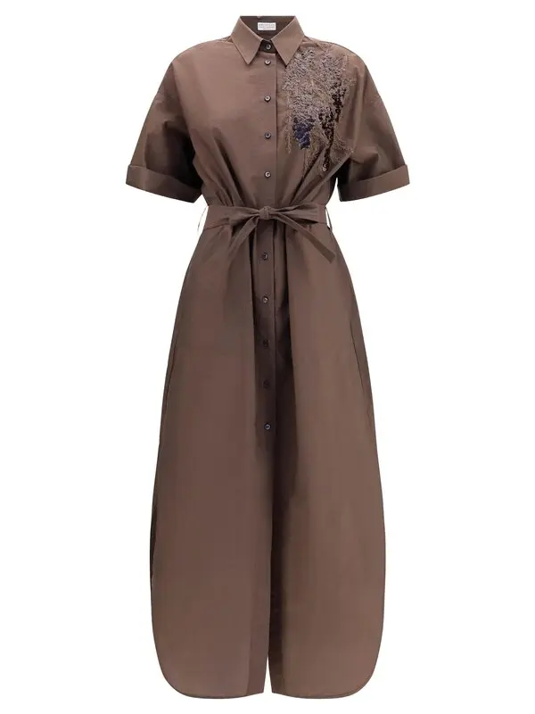 Brunello Cucinelli Sequined Shirt Dress With Belt - Brown