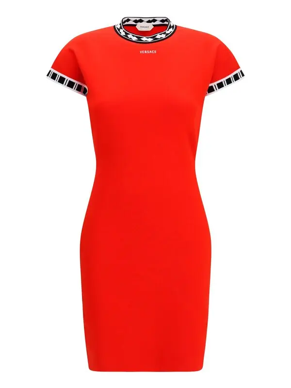 Versace Cotton Knit Mini Dress With Geometric Jacquard Trim - Red