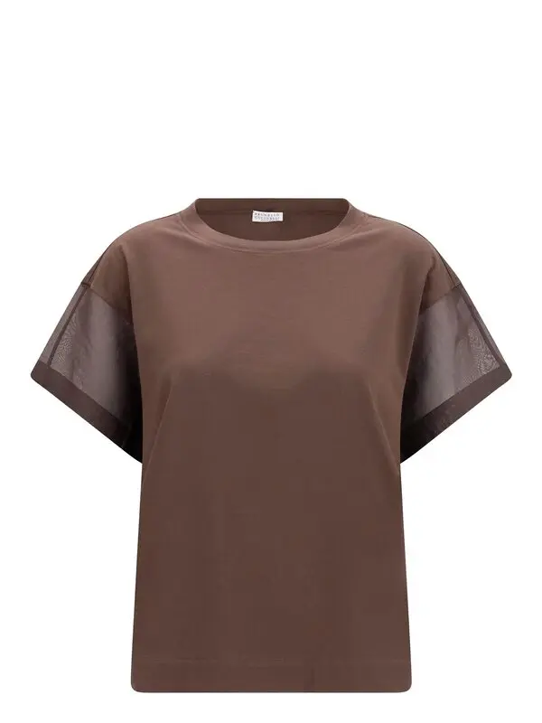 Brunello Cucinelli Cotton T-shirt With Sheer Sleeves - Brown