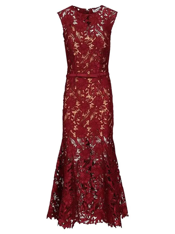 SELF-PORTRAIT Lace Midi Dress With Belt - Red