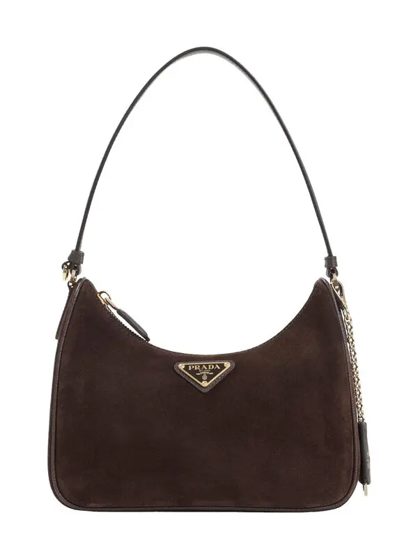 Prada Suede Shoulder Bag With Enamel Triangle Logo - Brown