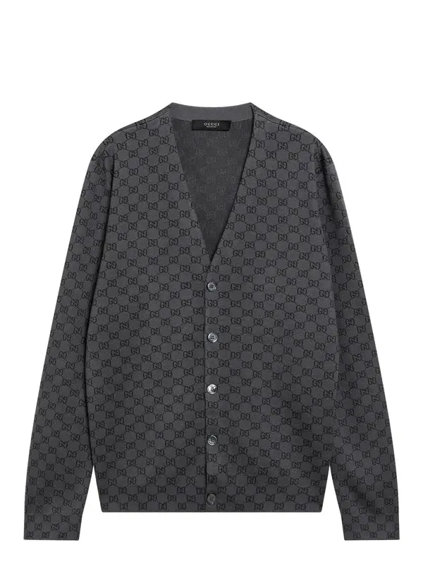 Gucci Grey Wool And Silk Cardigan With Gg Motif - Gray