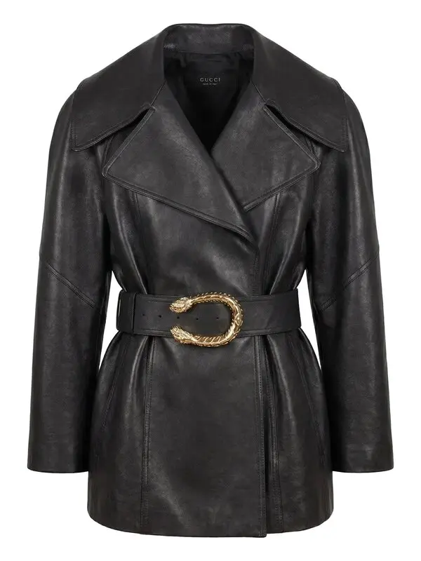 Gucci Leather Jacket With Dionysus Buckle Belt - Black