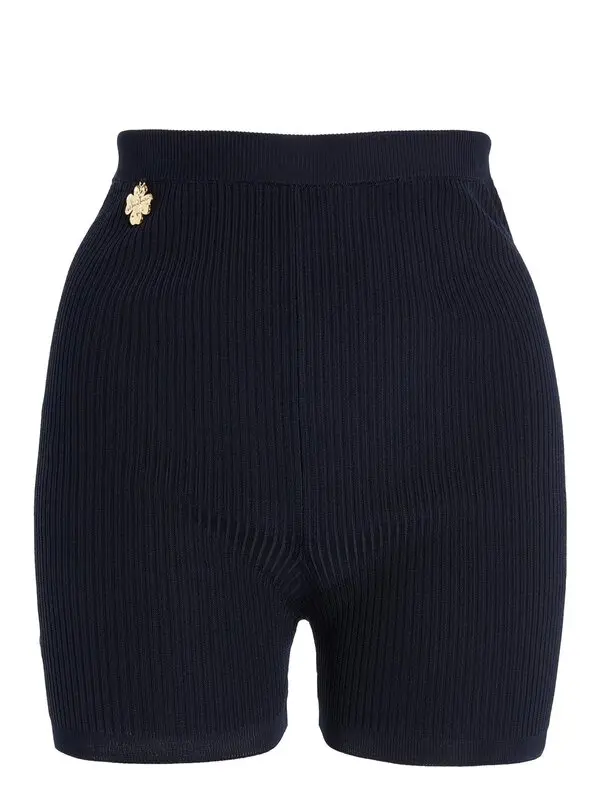 Saint Laurent Ribbed Knit High-rise Cycling Shorts With Gold-tone Accent - Navy