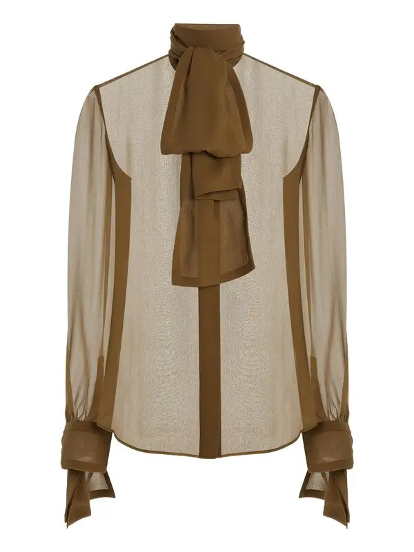 Saint Laurent Silk Mousseline Blouse With Tie Cuffs - Brown