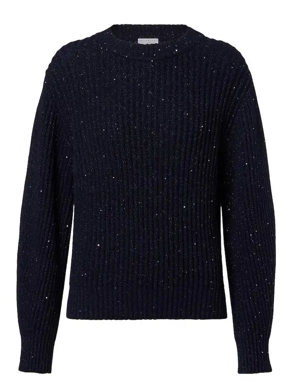 Brunello Cucinelli Sequined Cashmere And Wool-blend Ribbed Crewneck Sweater - Blue