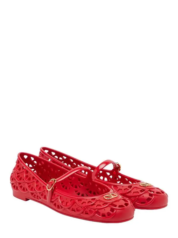 Valentino Garavani Rubber Scalloped Mary Jane Flats - Red
