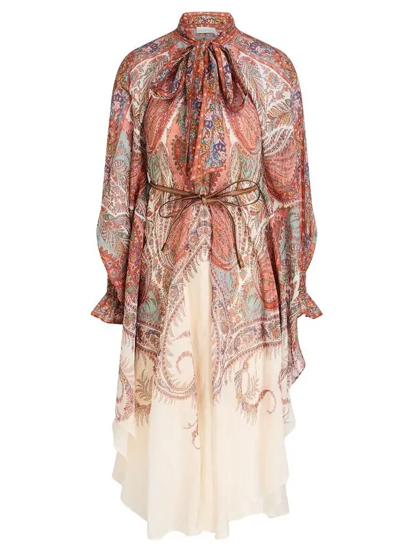 Zimmermann Pussy-bow Paisley-print Ramie Midi Dress - Peach