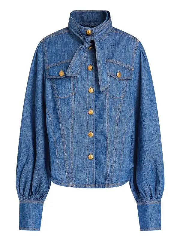 Zimmermann Tie Neck Denim Shirt - Mid Denim