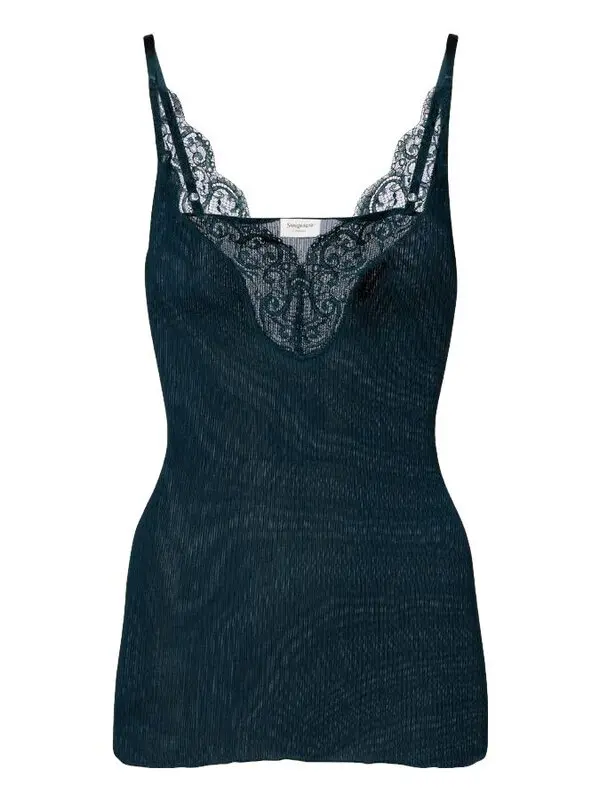 Saint Laurent Lace-trimmed Ribbed-knit Silk Camisole - Green