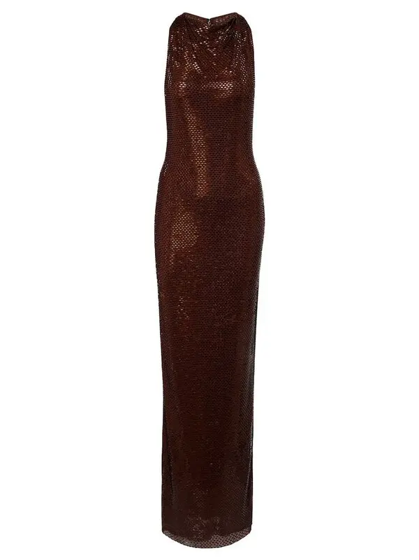 SELF-PORTRAIT Embellished Maxi Dress - Brown