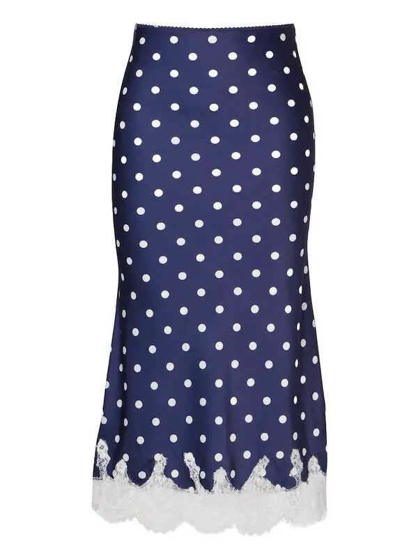 SELF-PORTRAIT Polka Dot Lace Trim Midi Skirt - Blue