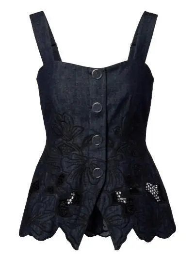 Veronica Beard Cotton Chambray Embroidered Top - Black
