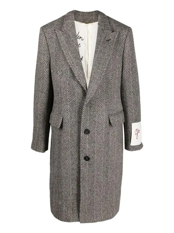 GOLDEN GOOSE Herringbone Patterned Wool Coat With Logo Patch - Gray