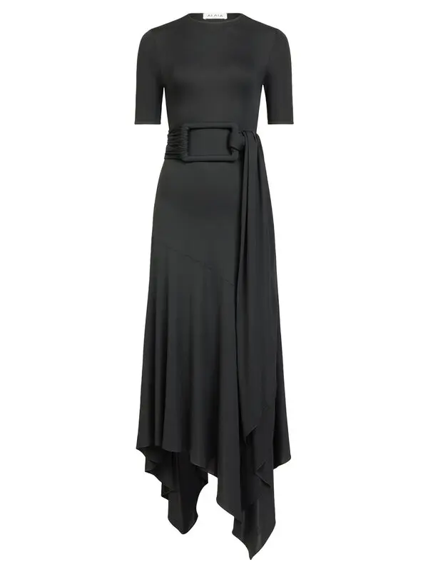 Alaïa Satin Belted Midi Dress - Black