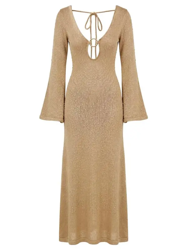 MIHARO Farah Maxi Dress With Flared Sleeves And Ring Detail - Yellow
