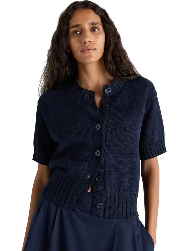 Quince Cotton Linen Short Sleeve Cardigan Sweater - Deep Navy
