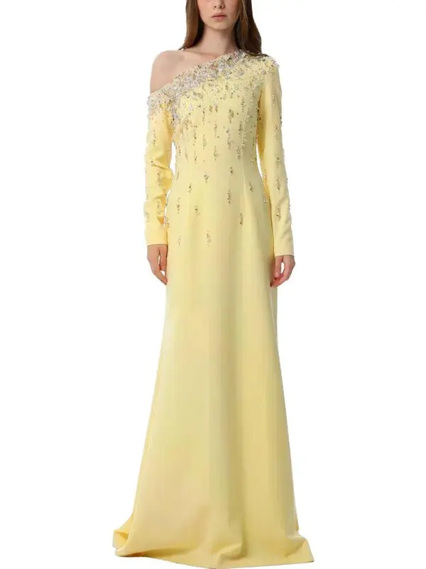 DINA MELWANI Crystal Embellished One-shoulder Maxi Gown - Yellow