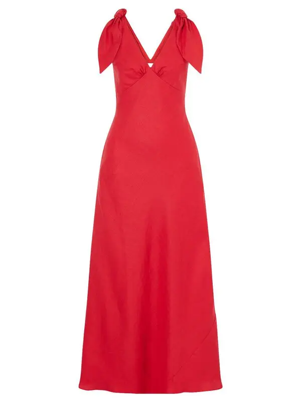 Faithfull The Brand Solana Linen Maxi Dress With Knotted Shoulders - Red
